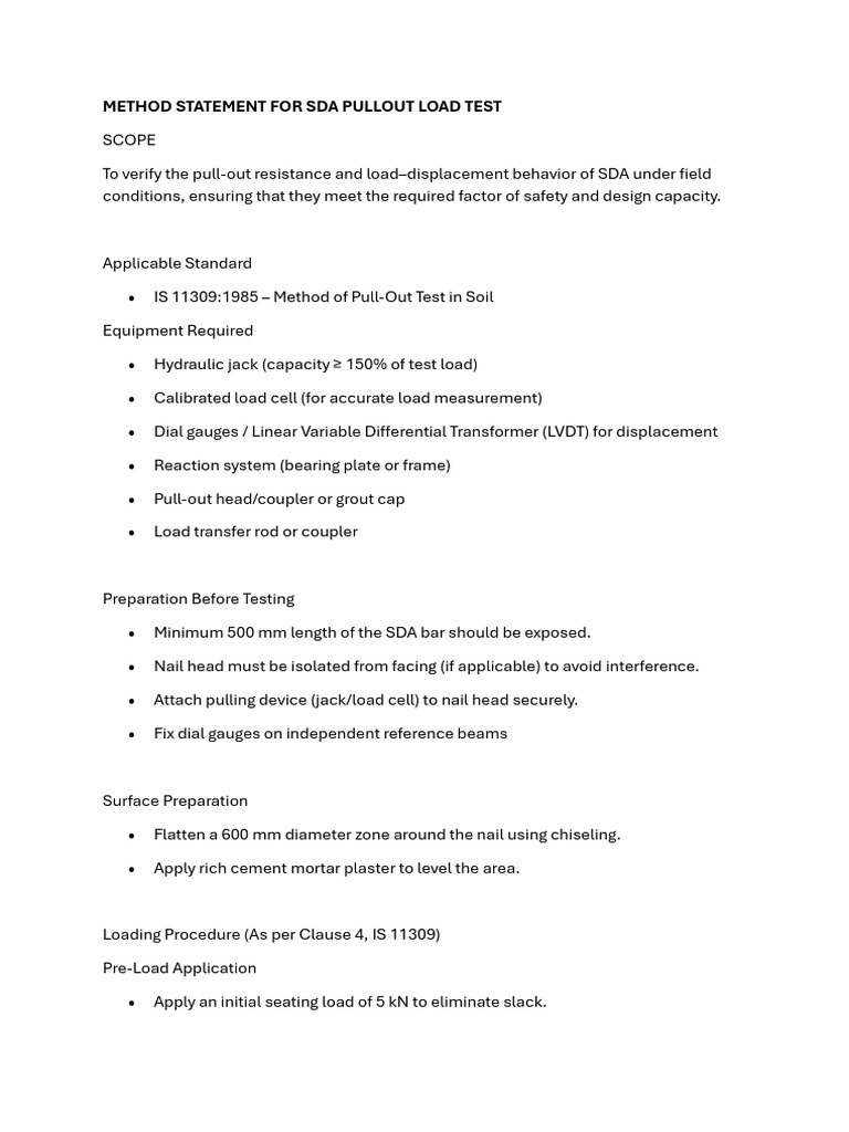 SDA Pull-Out Load Test Method Statement | PDF