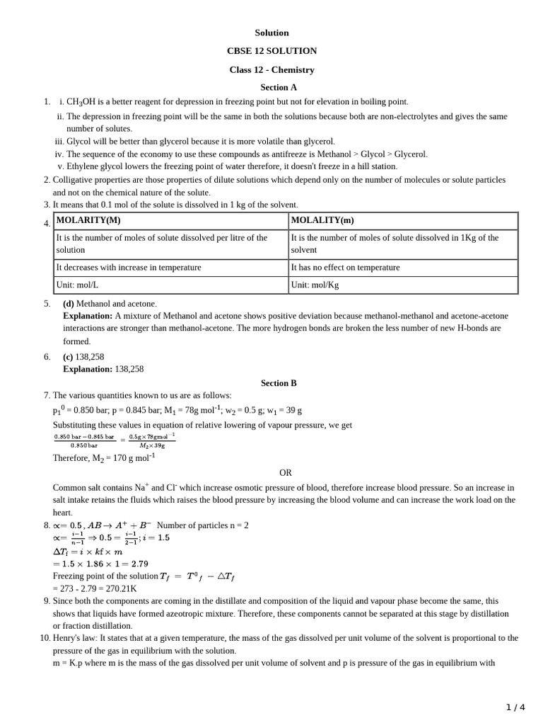 Answer Script of Solution Chapter CBSE | PDF | Chemistry | Physical ...