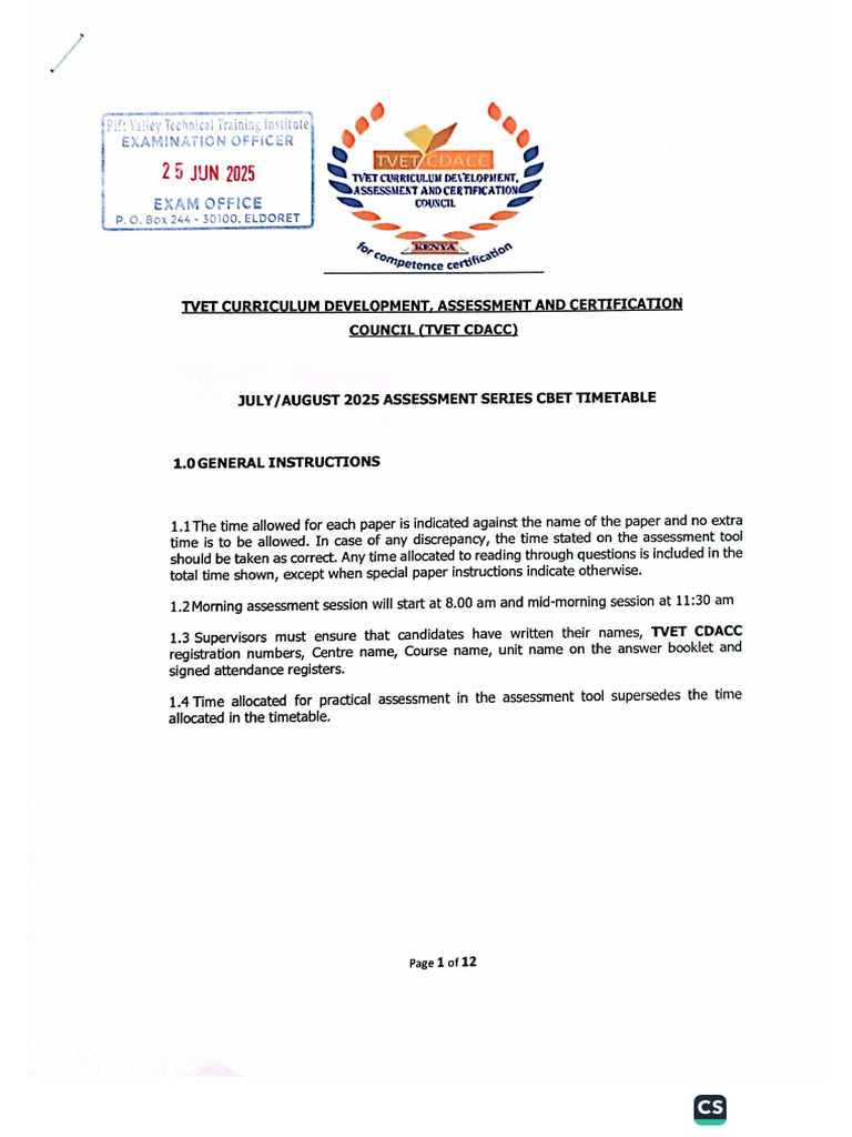 RVTTI Practical Timetable For July 2025 Series | PDF