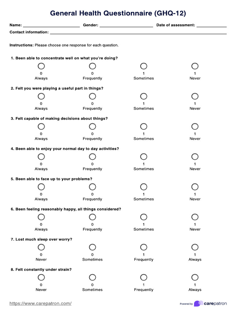 GHQ-12 Questionnaire and Scoring Guide | PDF | Behavioural Sciences | Mental Health