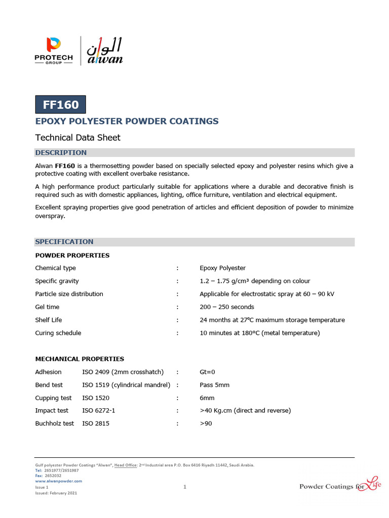 Alwan FF160 Powder Coating Data Sheet | PDF | Epoxy | Materials
