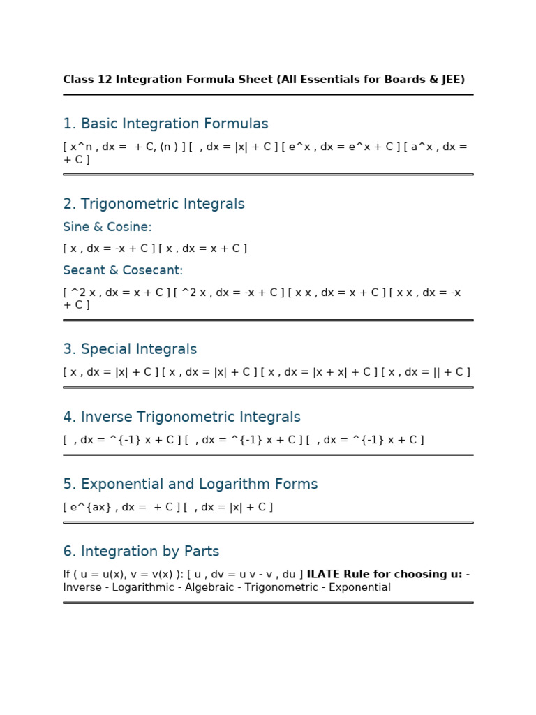 Integration Formula Sheet | PDF