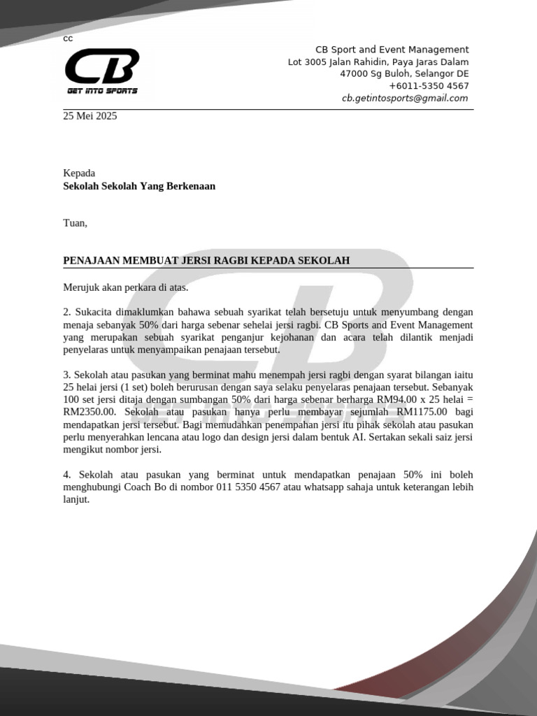 Surat Penajaan Jersi Ke Sekolah2 | PDF