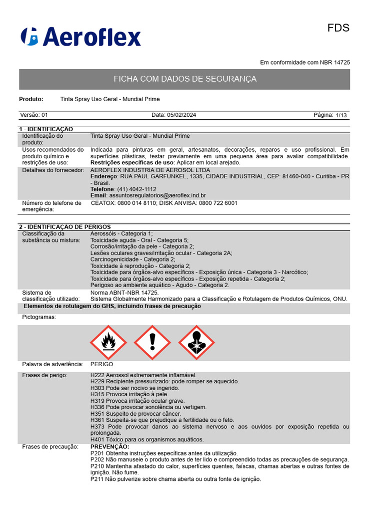 Ficha de Segurança Tinta Spray Mundial Prime | PDF | Temperatura ...