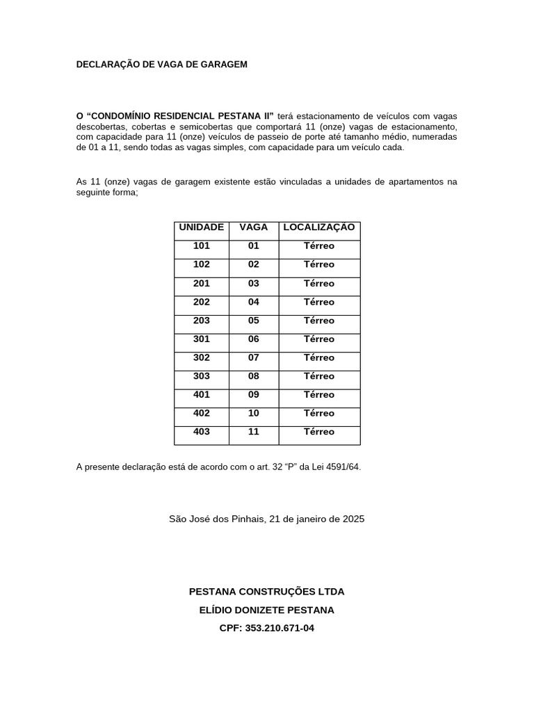 Declaracao Vagadegaragem Pestanaii | PDF