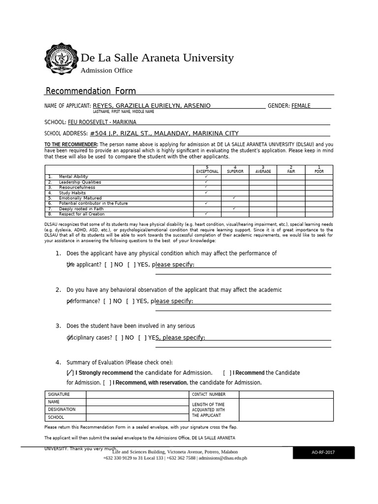 DLSAU Recommendation Form | PDF | Behavioural Sciences | Psychology