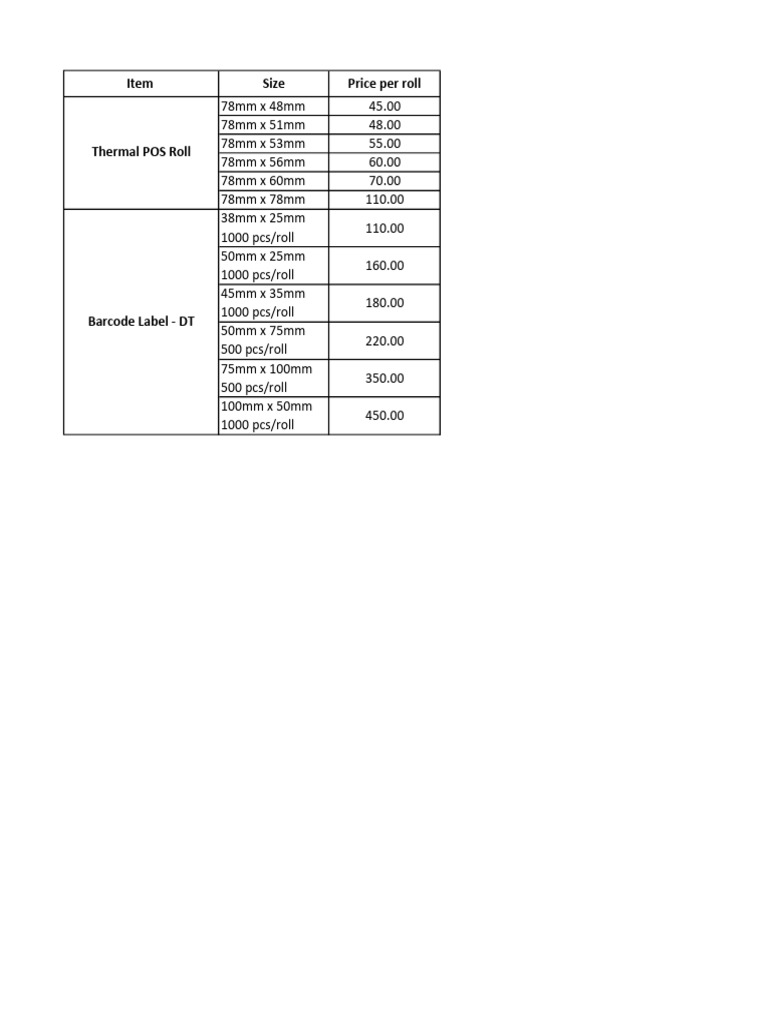 POS Roll & DT Label Price List | PDF