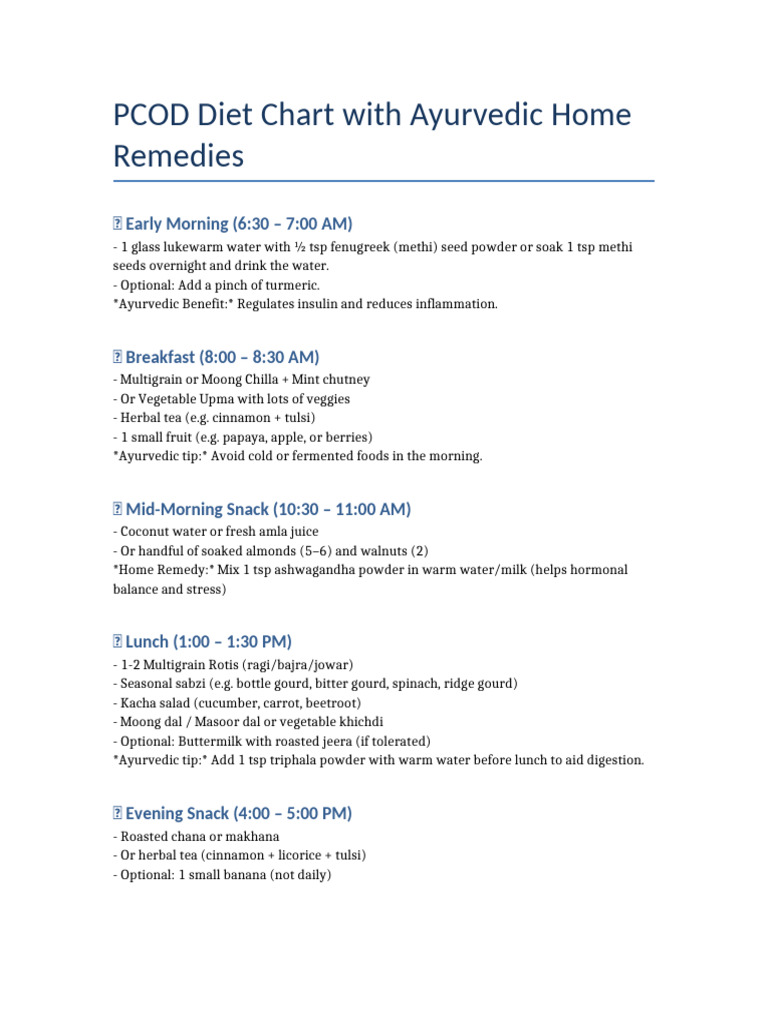 PCOD Diet Chart With Ayurvedic Home Remedies | PDF | Indian Cuisine | Foods