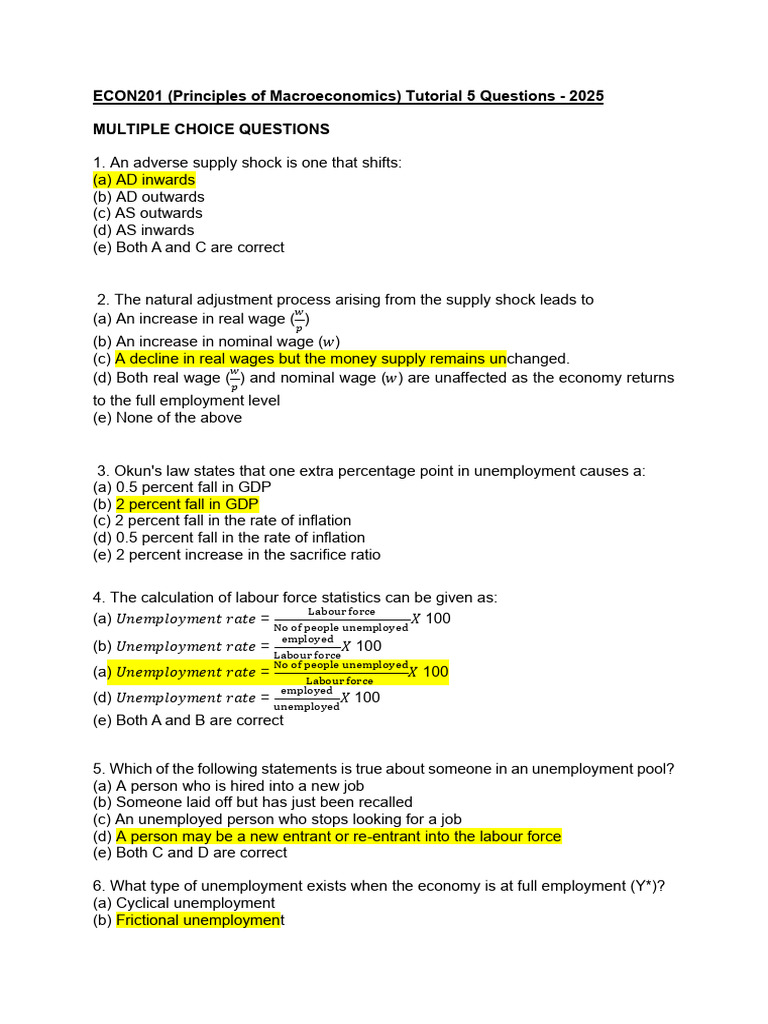 2025 ECON201 Tutorial 5 Questions | PDF | Unemployment | Full Employment