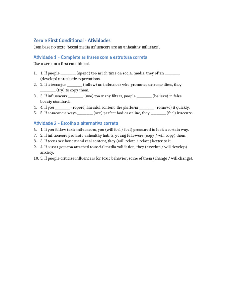 Atividades Zero First Conditional | PDF