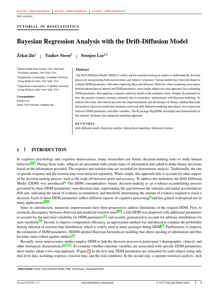 Bayesian Regression Analysis With The Drift-Diffusion Model: Zekai Jin ...