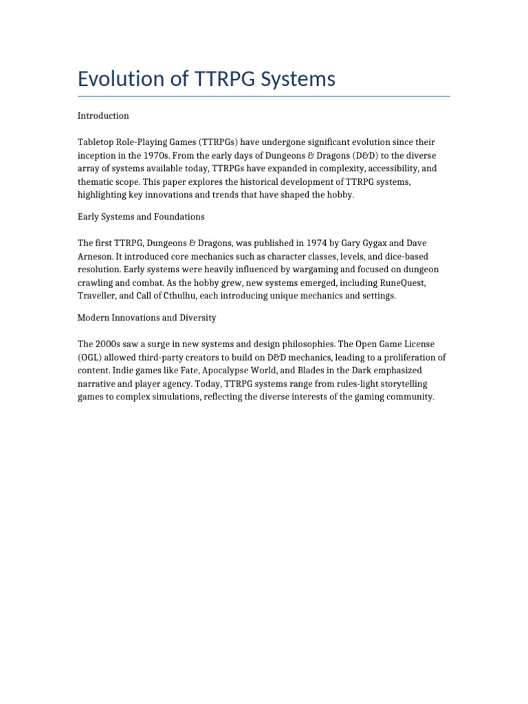 History and Evolution of TTRPG Systems | PDF