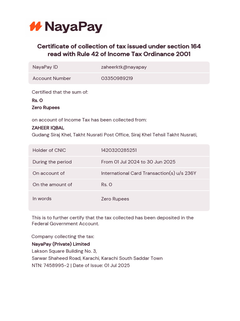 Tax Collection Certificate under Rule 42 | PDF
