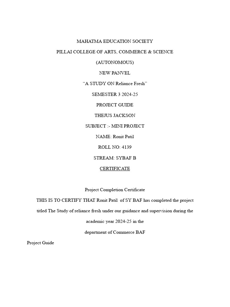 Ronit Patil's Reliance Fresh Study | PDF | Grocery Store | Retail