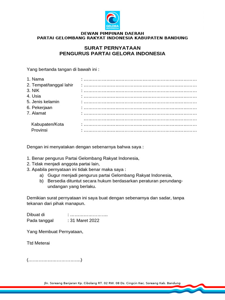 Form Surat Pernyataan Pengurus Partai DPD Kab. Bandung | PDF