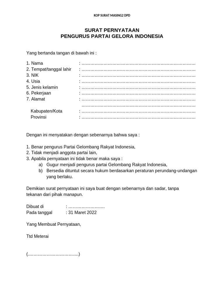Form Surat Pernyataan Pengurus Partai | PDF