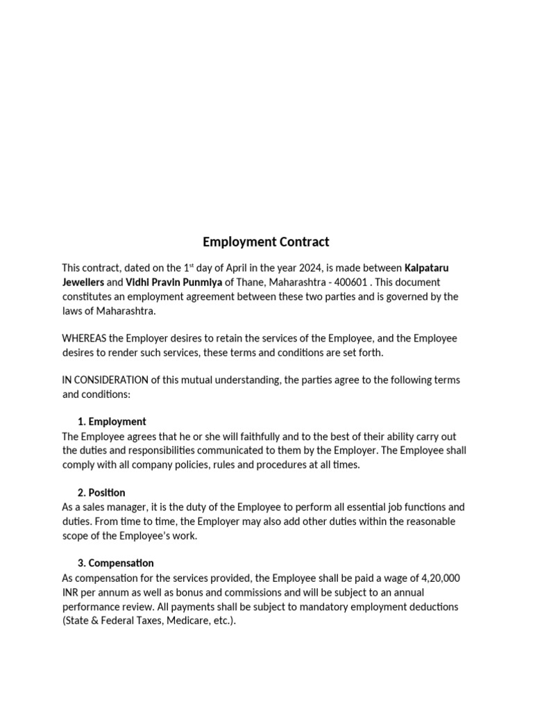 Visa Employment Contract Agreement | PDF | Employment | Civil Law ...