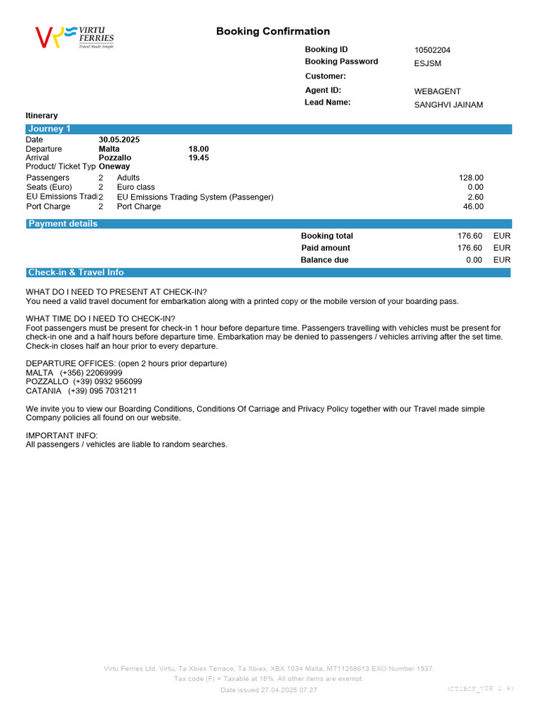 Virtu Ferries Booking Confirmation 2025 | PDF | Euro | Government Finances