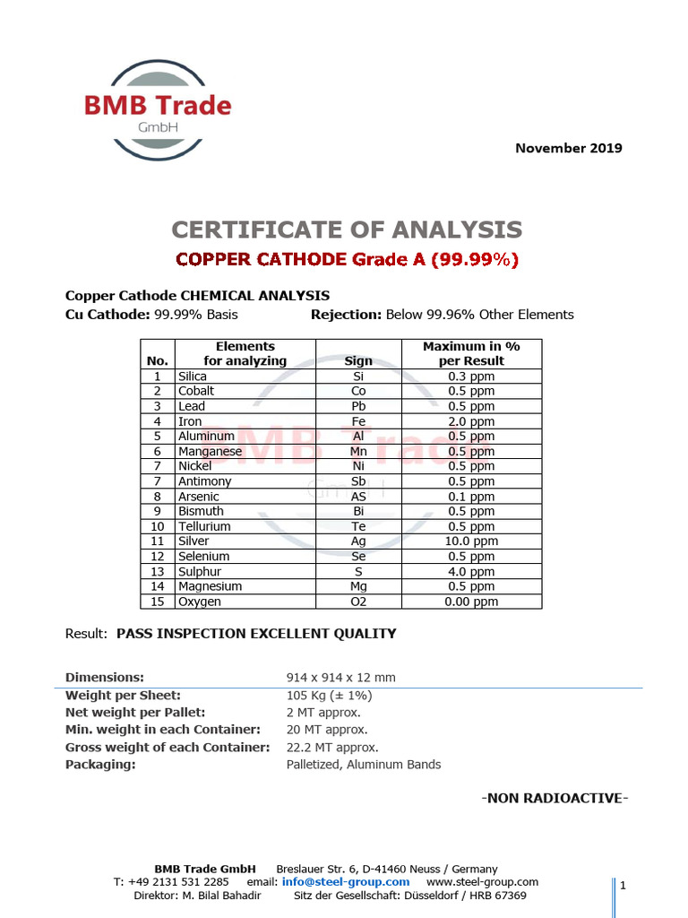 Copper Cathode Certificate of Analysis | PDF | Manganese | Atoms