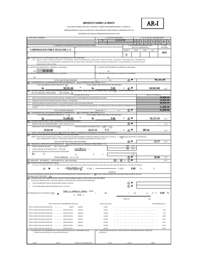 Planilla ARI para Impuesto sobre la Renta | PDF | Impuestos | Finanzas ...