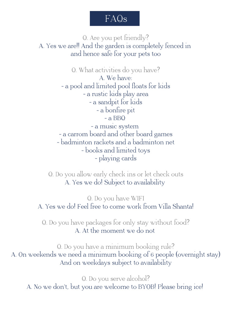 FAQs VILLA SHANTA | PDF