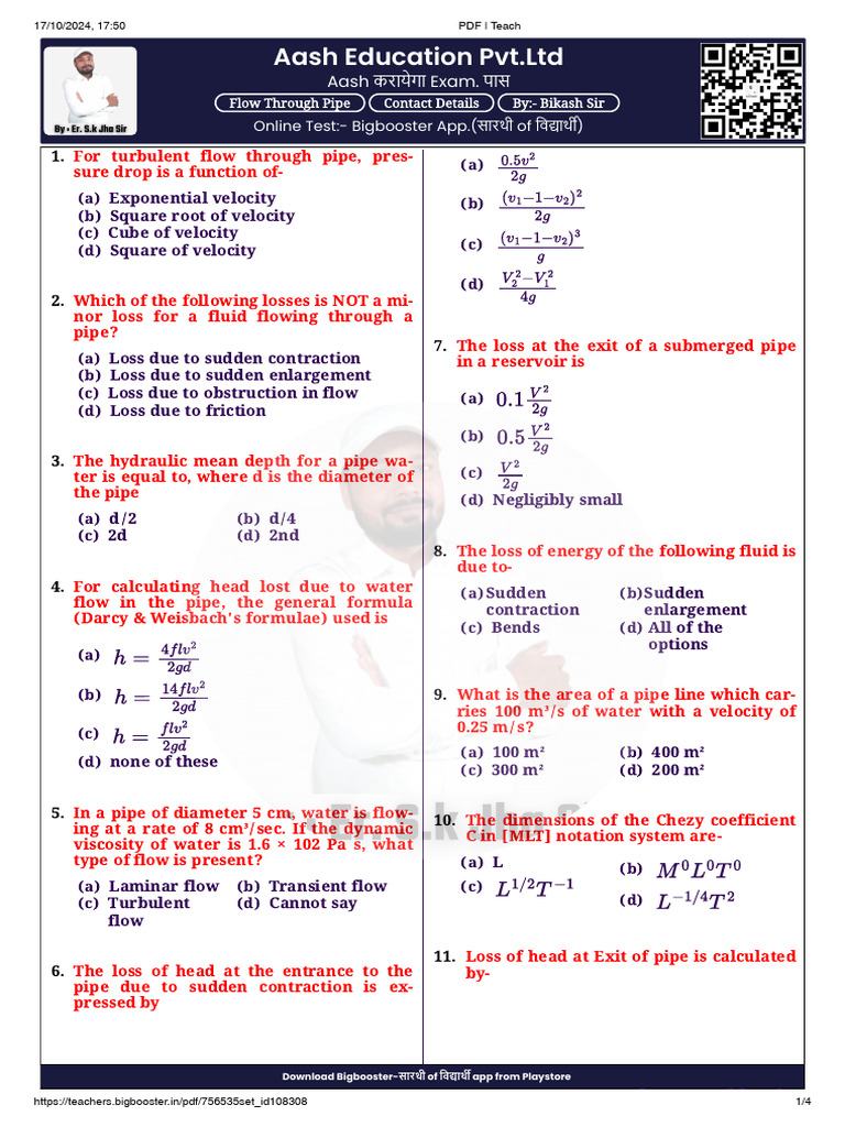 Flow Through Pipe by - Bikash Sir | PDF | Chemical Engineering | Motion (Physics)