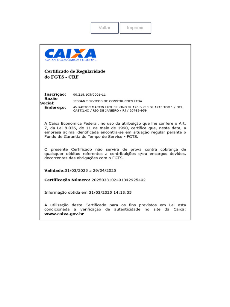 Certificado de Regularidade do FGTS | PDF