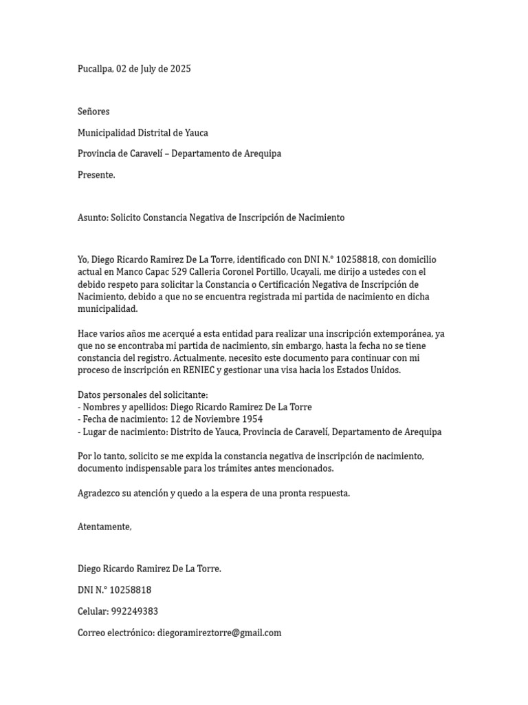 Solicitud Constancia Negativa Yauca | PDF