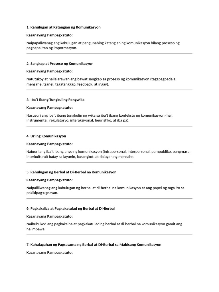 Kasanayang Pampagkatuto Komunikasyon | PDF