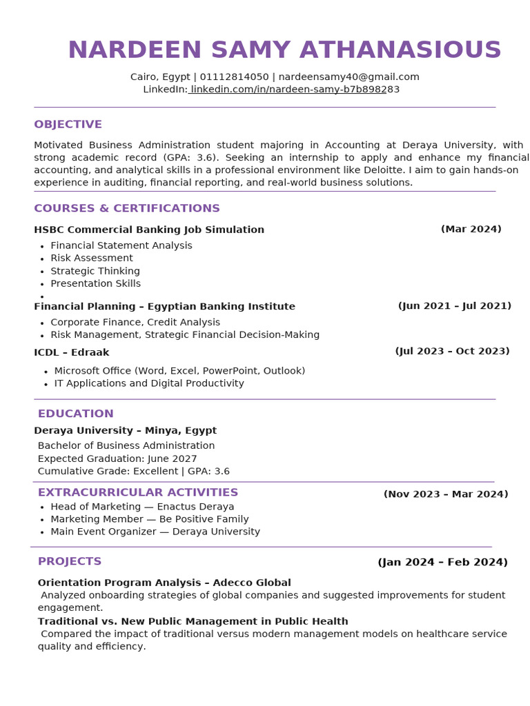 Nardeen Samy CV Deloitte Internship - PDF.PDF 0 | PDF