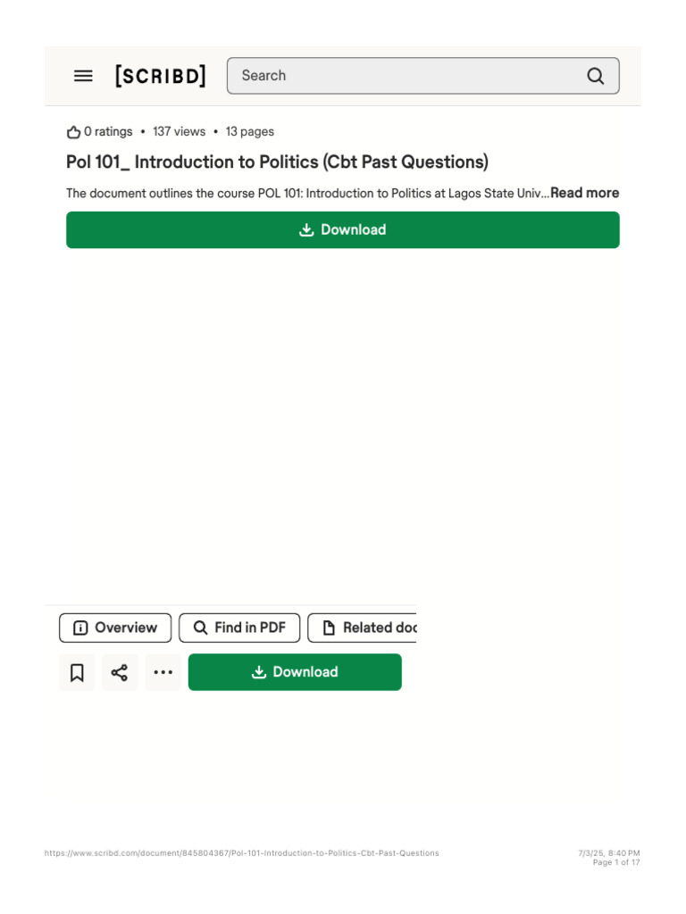 Pol 101 - Introduction To Politics (CBT Past Questions) - PDF - Social Contract | PDF | Scribd