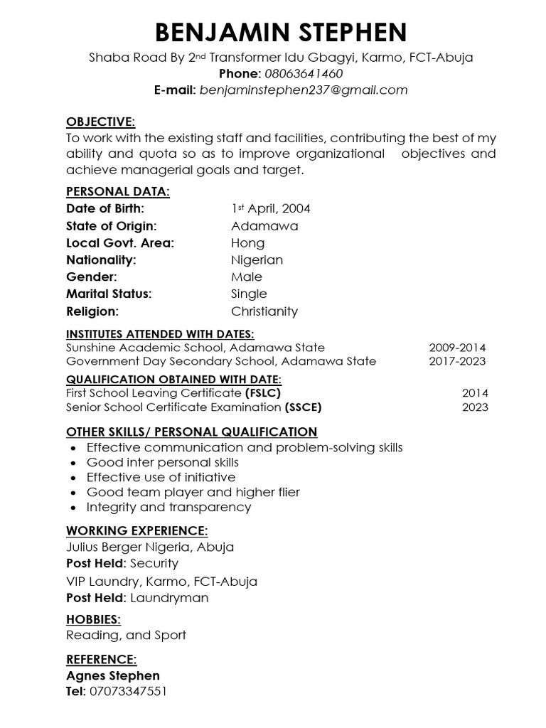 Benjamin Stephen Cv | PDF