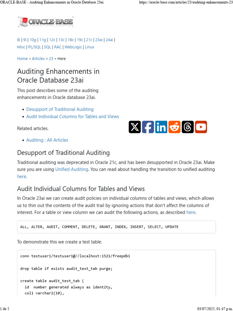 Auditing Enhancements in Oracle Database 23ai | PDF | Databases | Table (Database)