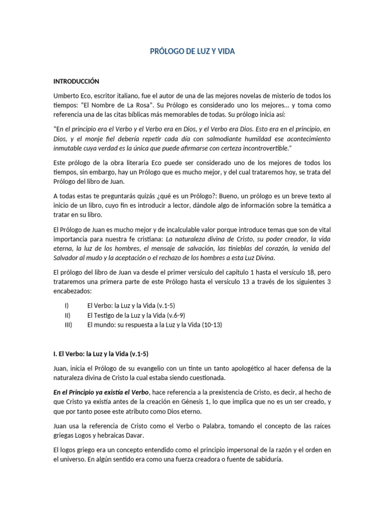 Prólogo de Juan: Luz y Vida en Cristo | PDF | Cristo (título) | Logos ...