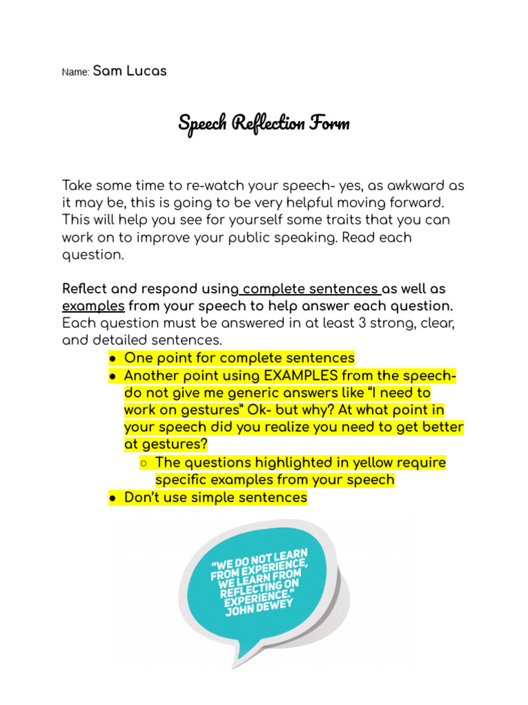 Sam Lucas Speech Reflection Form - Info - Demo | PDF | Human Communication