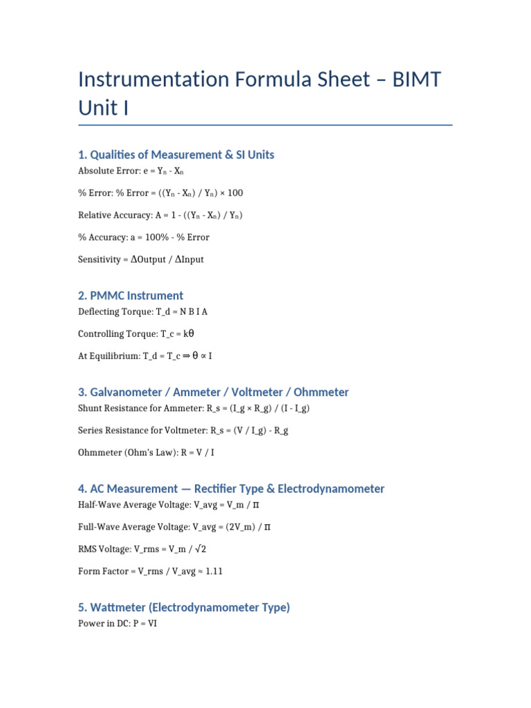 Instrumentation Formula Sheet Unit I | PDF