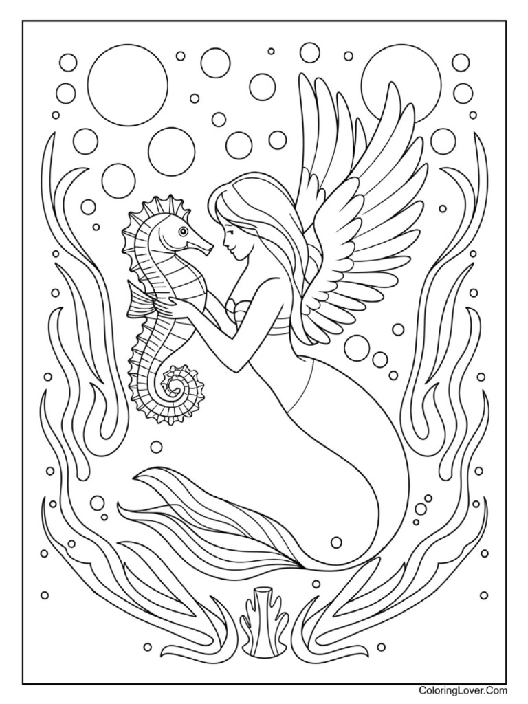 Mermaid With Seahorse and Wings Coloring Page For Kids | PDF