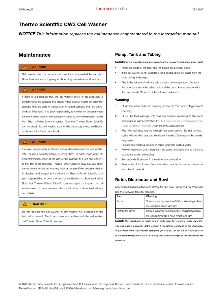 Cell Washer Maintenance Guidelines | PDF | Washing Machine | Saline ...