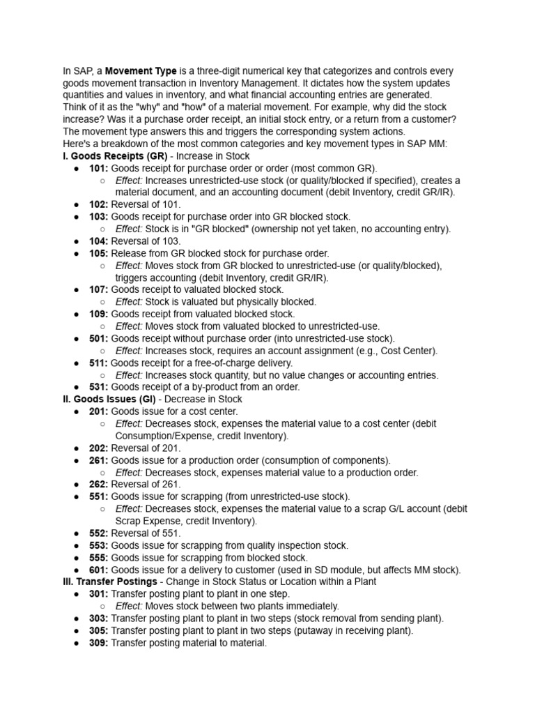 List of Movement Type in Sap | PDF | Debits And Credits | Inventory