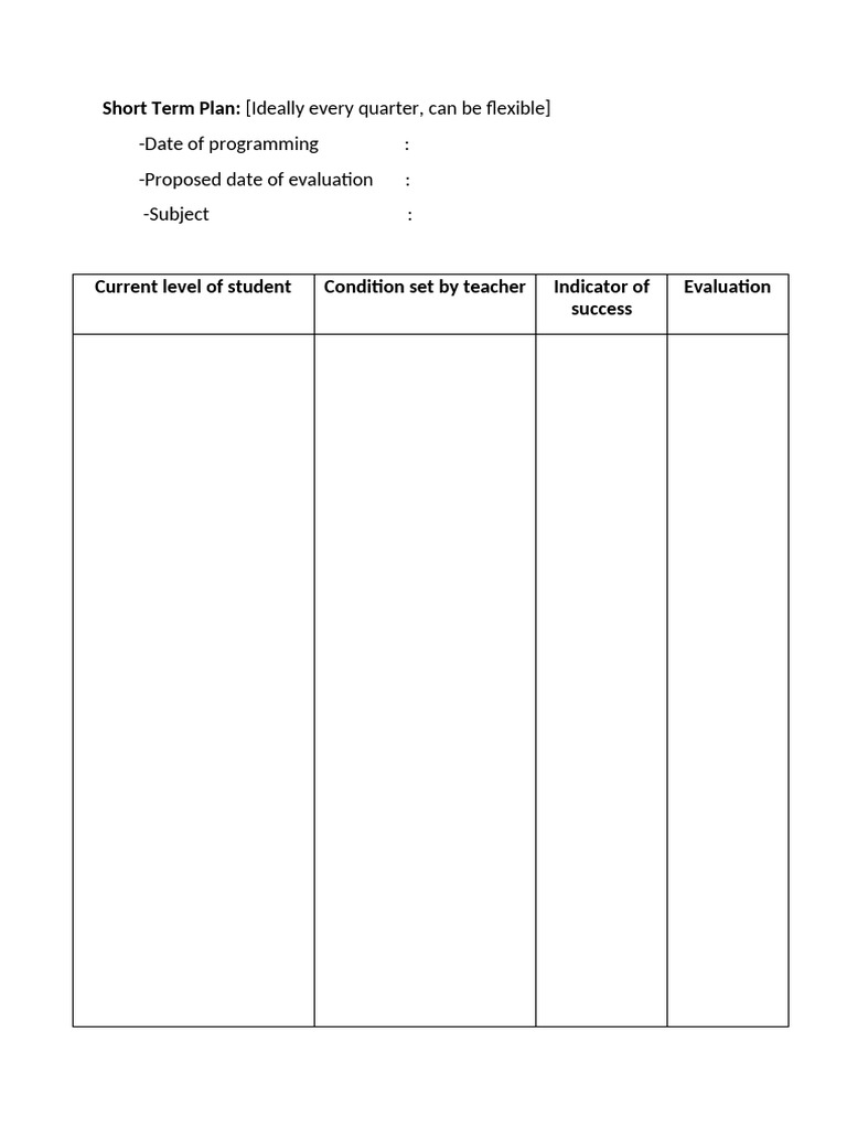 Short Term Educational Plan Template | PDF