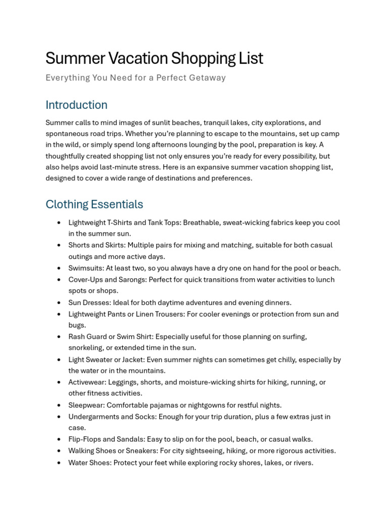 Summer Vacation Shopping List | PDF