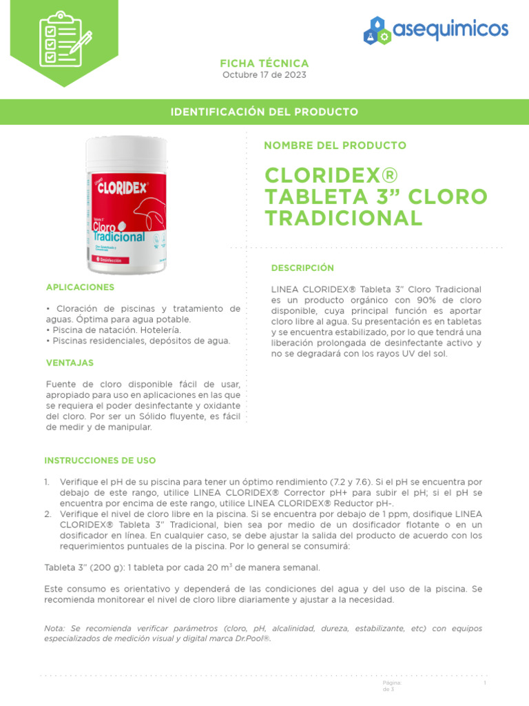 FichaTecnica TabletaTradicional 3 | PDF | Agua | Cloro