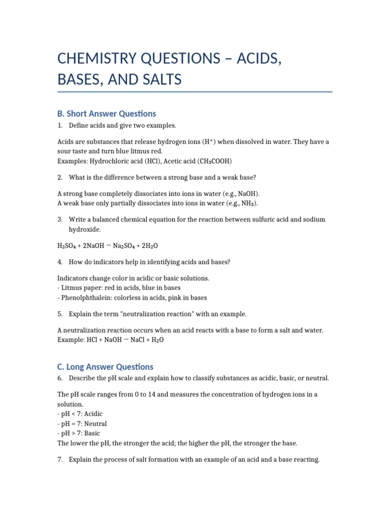 Chemistry Acids Bases Salts Answers | PDF