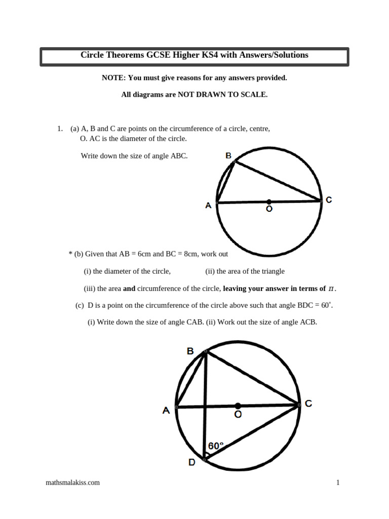 Circle Theorems Gcse Higher With Answers Mathsmalakisscom | PDF ...