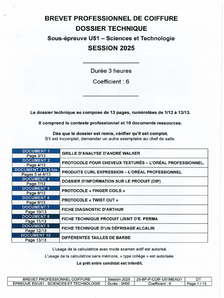 BP Coiffure Juin 2025 Dossier Technique | PDF