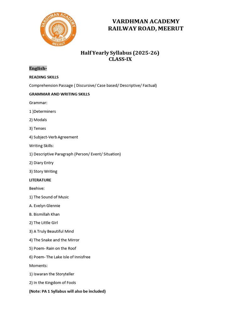 Half Yearly Syllabus CLASS IX-1 | PDF | Geometry | Mathematics