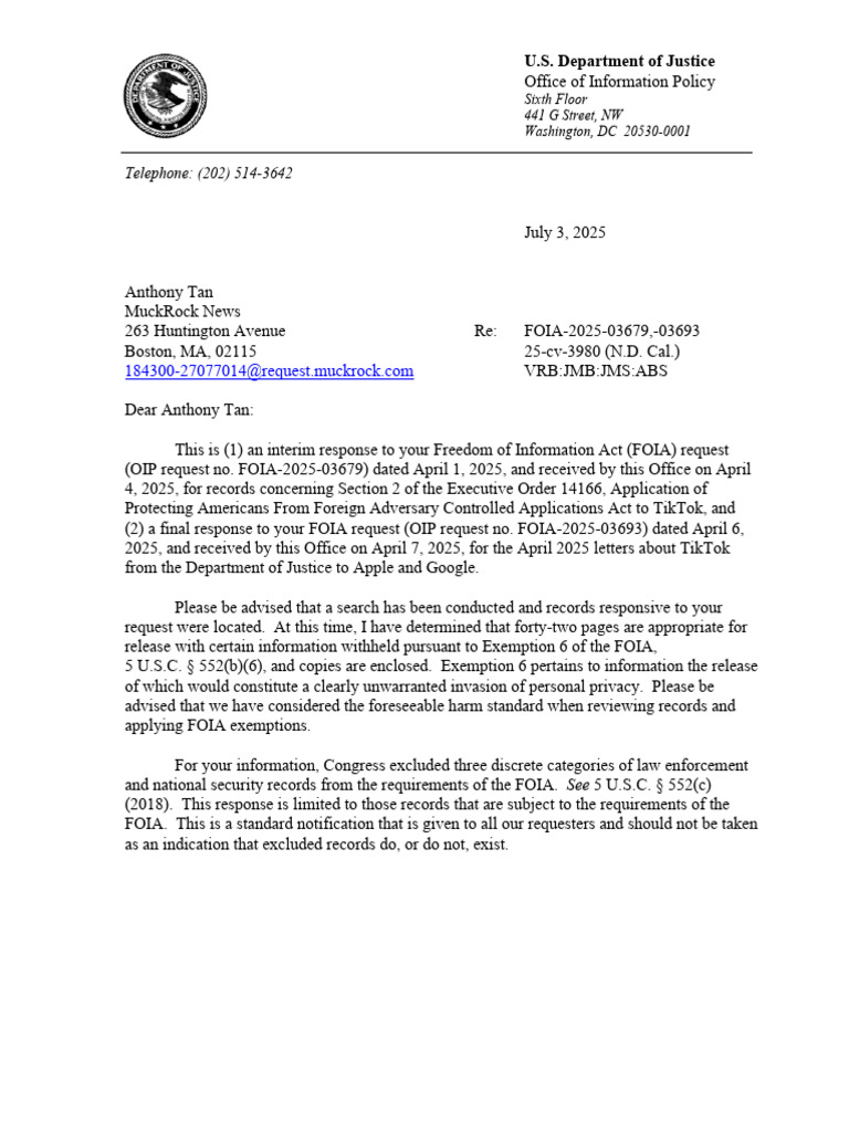 DOJ FOIA Response on TikTok Records | PDF | Freedom Of Information Act ...
