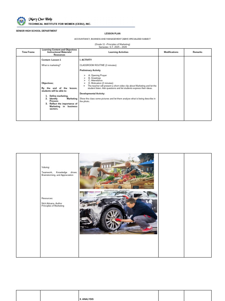 Grade 11 Marketing Lesson Plan | PDF | Marketing | Lesson Plan