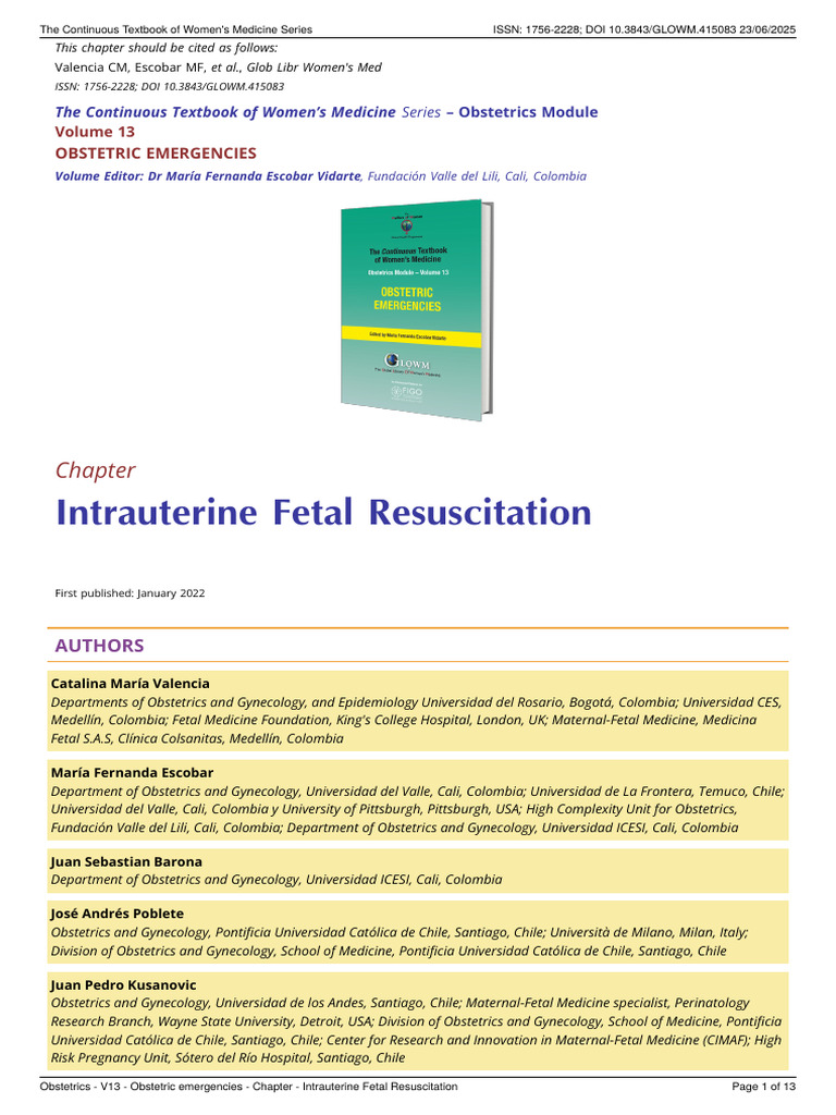 Obstetrics V13 Obstetric Emergencies Chapter Intrauterine Fetal Resuscitation 1750694315 | PDF ...