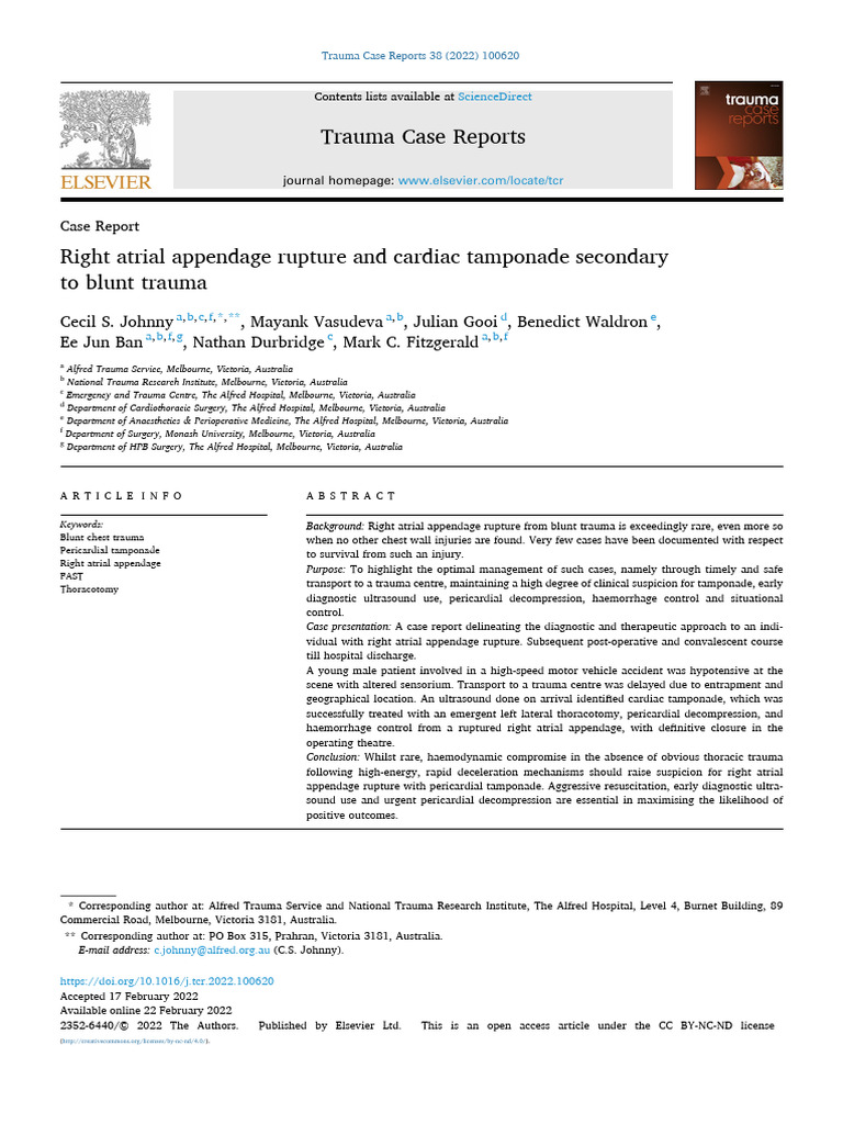 Right Atrial Appendage Rupture and Cardiac Tamponade Secondary to Blunt ...